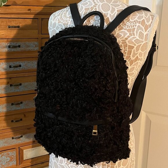 Bags | Sherpa Faux Fur Fuzzy Backpack Laptop Bag Black Nwt | Poshmark